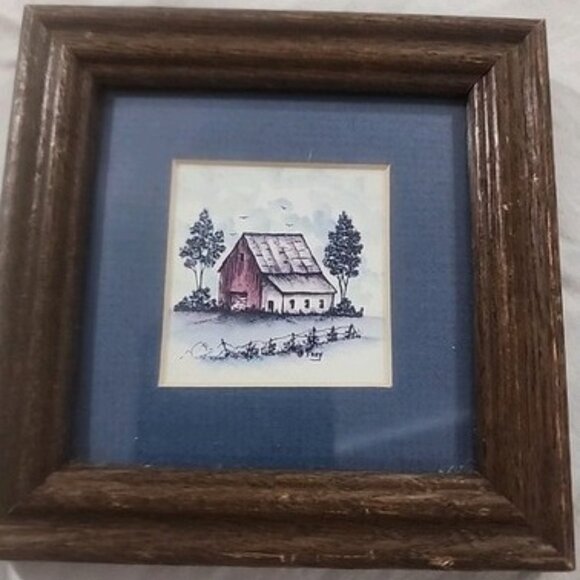 Handmade | Accents | Vintage Small Frey Framed Matted Old Red Barn ...